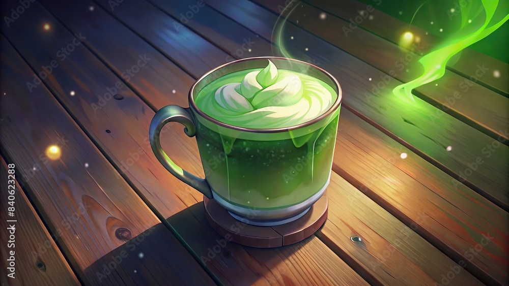 Anime style A cup with organic green Japanese matcha tea and milk foam ...