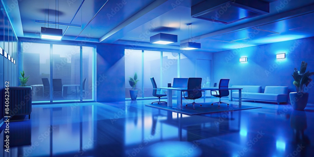 ภาพประกอบสต็อก Blurred blue modern office interior mock up, ideal for ...