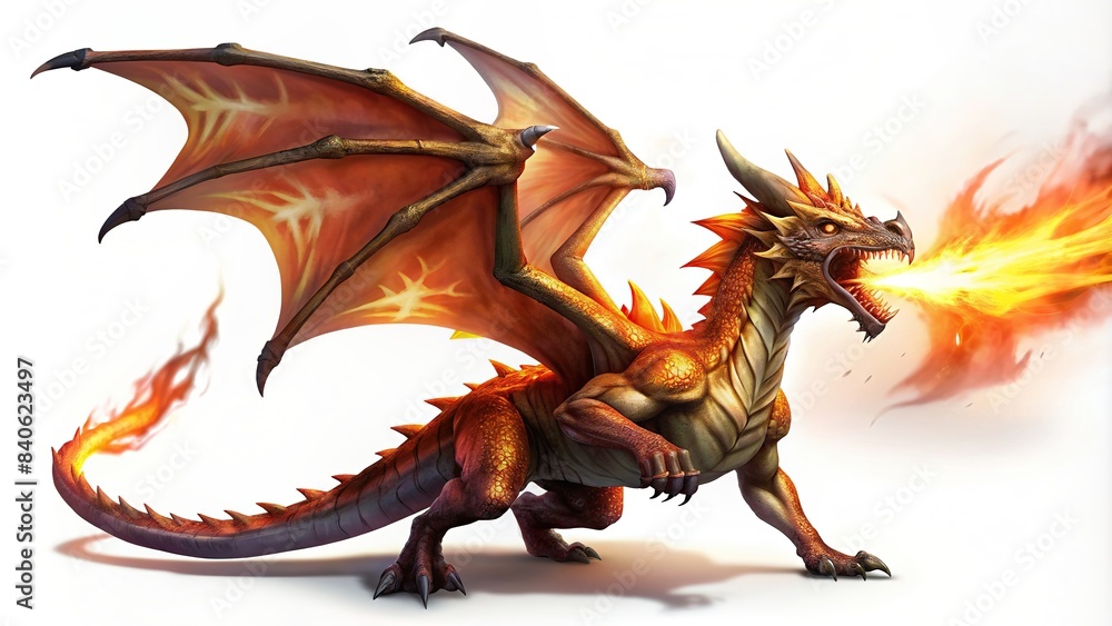 Fire breathing dragon isolated on white background, fantasy, mythical ...