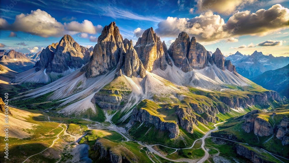 Aerial view of the majestic Tre Cime di Lavaredo mountains in the ...