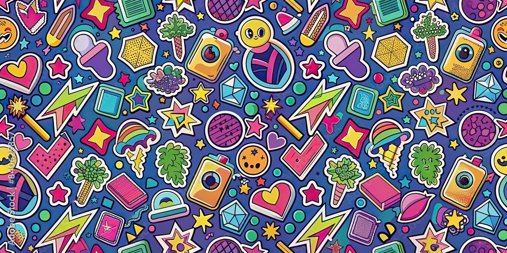 seamless patterns of 90s backgrounds adorned with colorful stickers ...