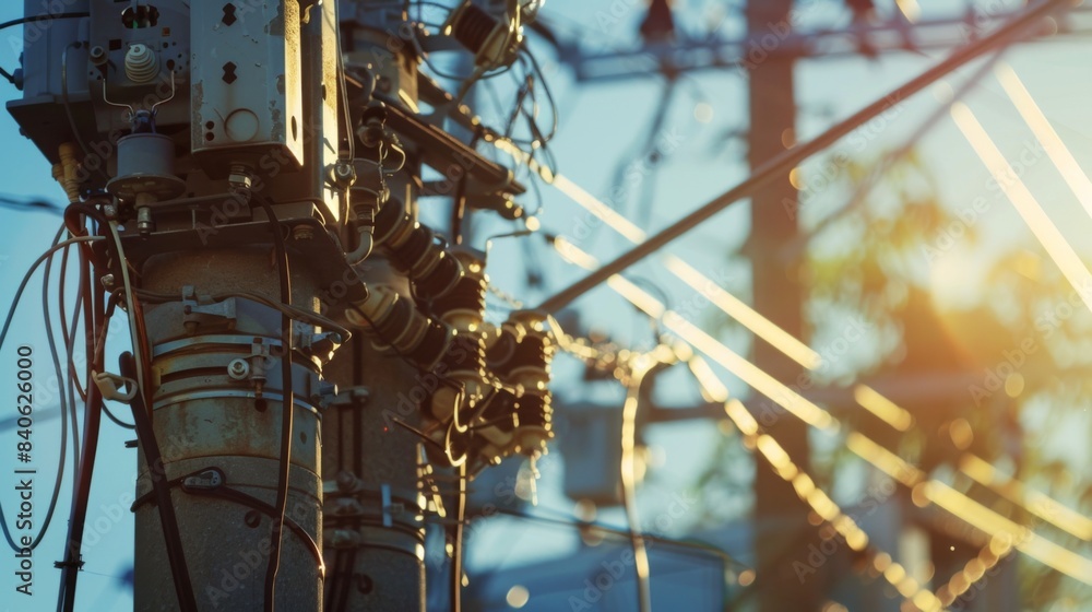 A close-up of a utility pole with transformers and insulators ...
