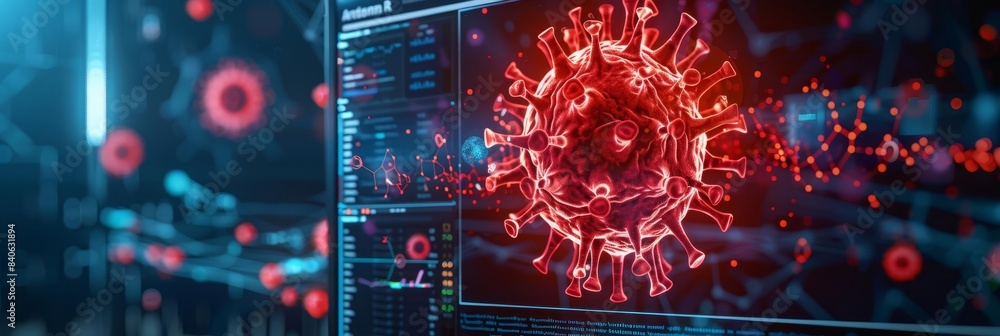 Antivirus alert popup on computer screen, closeup, red warning symbol ...