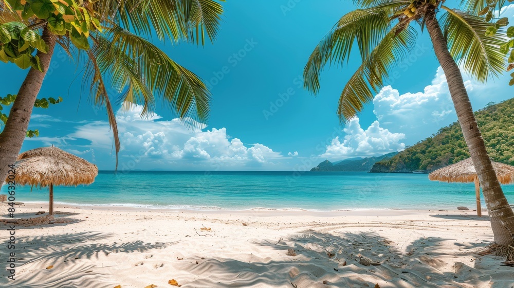 Tropical Paradise Beach Scene With Palm Trees and Turquoise Water Stock ...