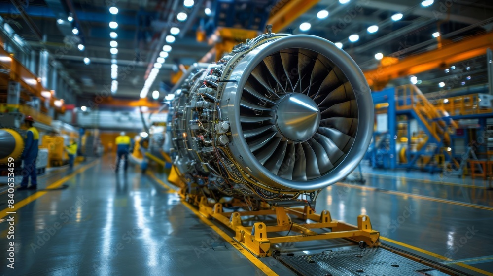 Aerospace engineering lab, technicians assembling a jet engine, complex ...