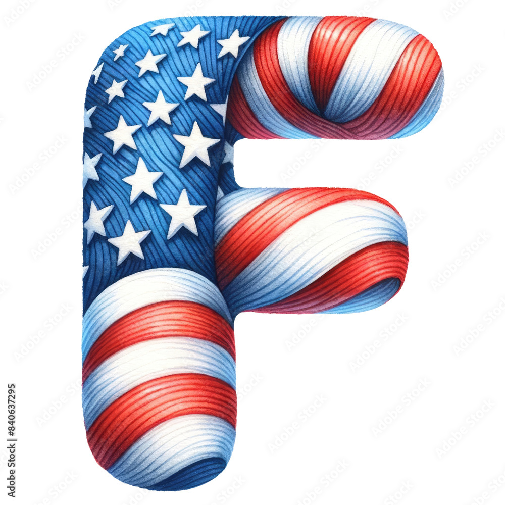 Letter F in American flag design with red and white stripes and blue ...