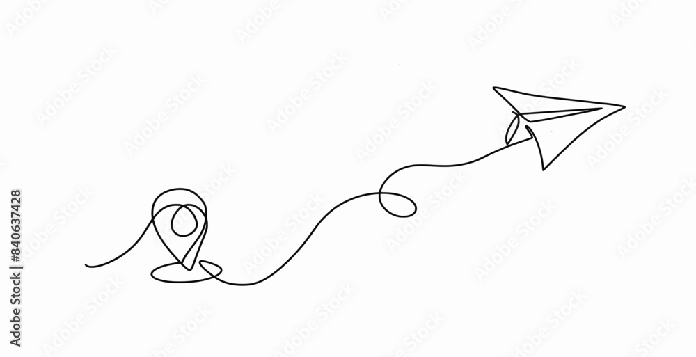 Continuous line drawing of paper airplane, destination line path of ...