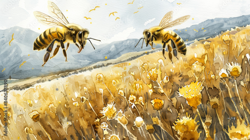 Watercolor illustration of a bee population decline affecting ...