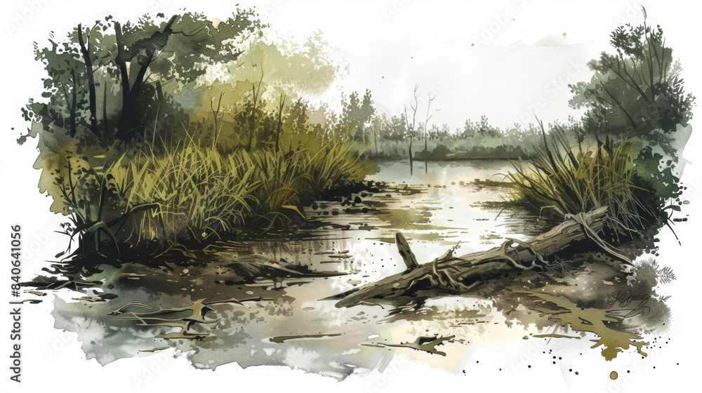 Watercolor illustration of a polluted river harming aquatic life and ...