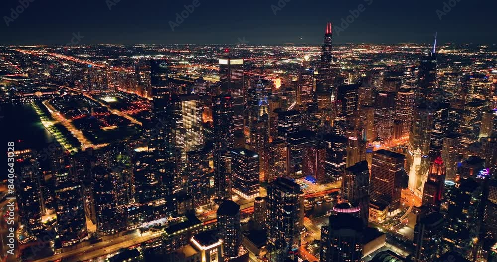 Beauty of Chicago skyline at night. From a high-angle perspective view ...