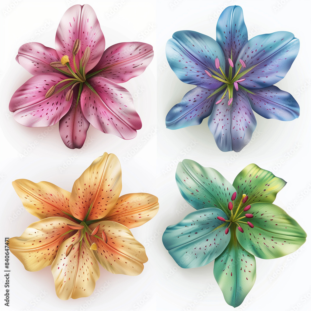 Set of four realistic lily flower in different colors on white ...