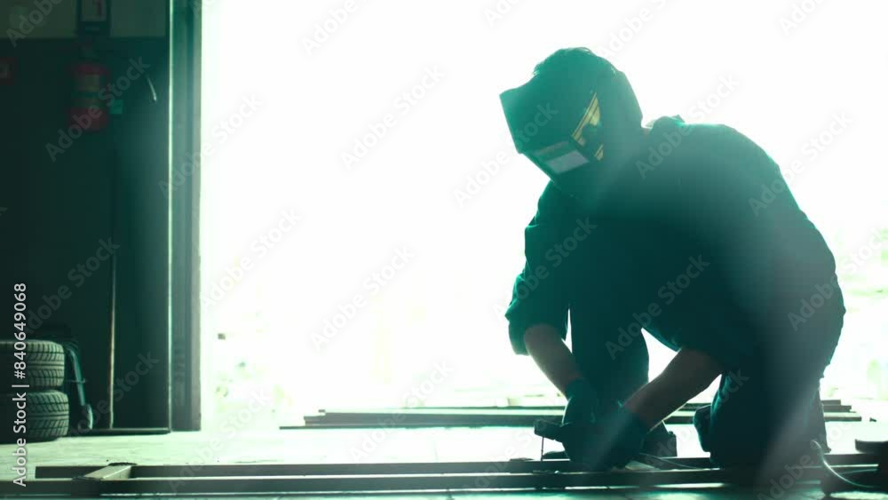 Hardworking Caucasian welder putting safety helmet on his head. Busy ...