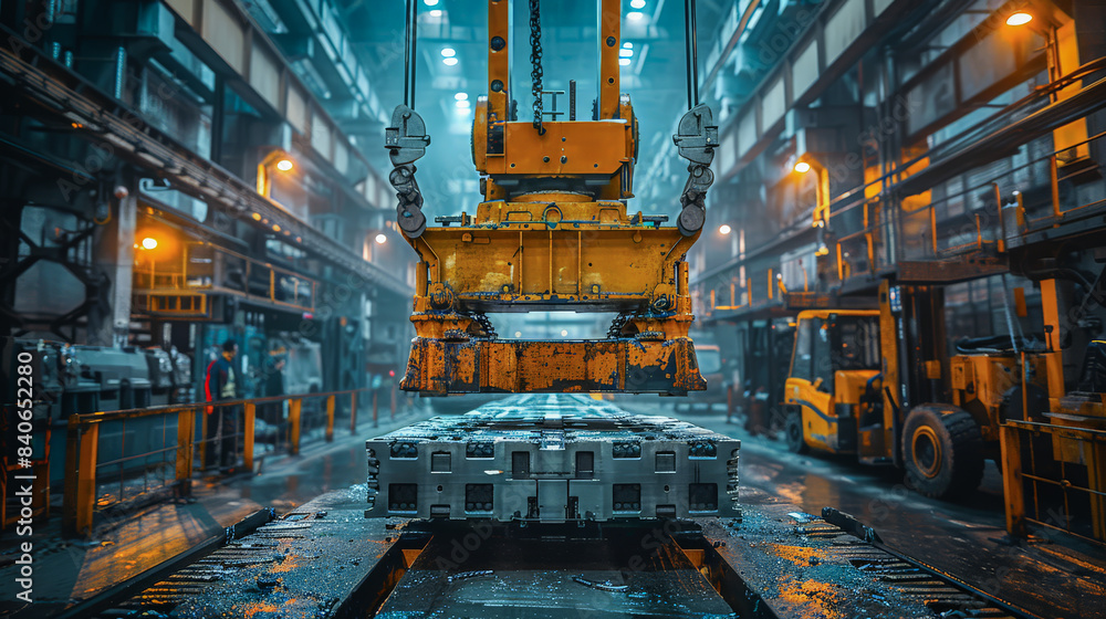 A heavy-duty industrial machine in a large factory setting is captured ...