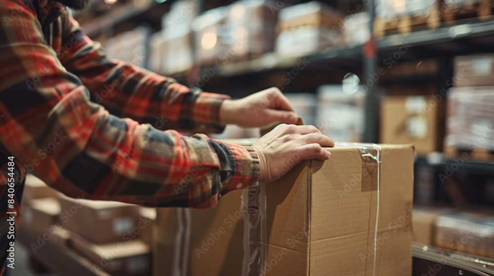 Efficient Warehouse Worker Sealing Boxes with Tape in Fulfillment ...
