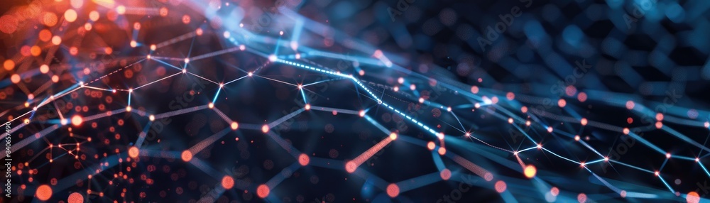 Showcase a 3D network security system with interconnected nodes and firewalls, close up, theme ...