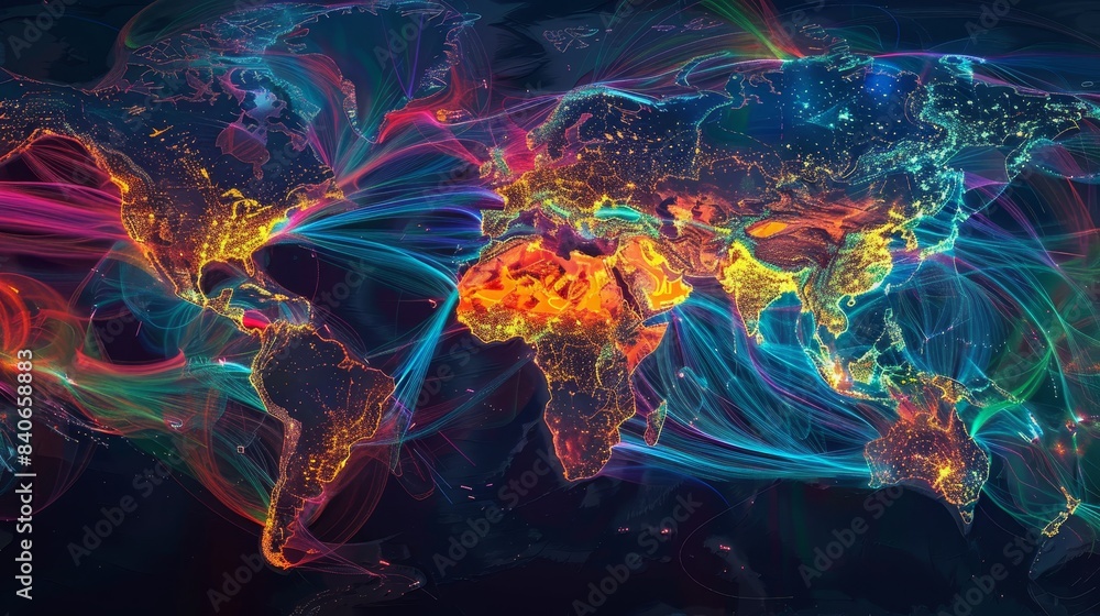 Dynamic global internet traffic map with undersea cables, vibrant colors illustrating data ...