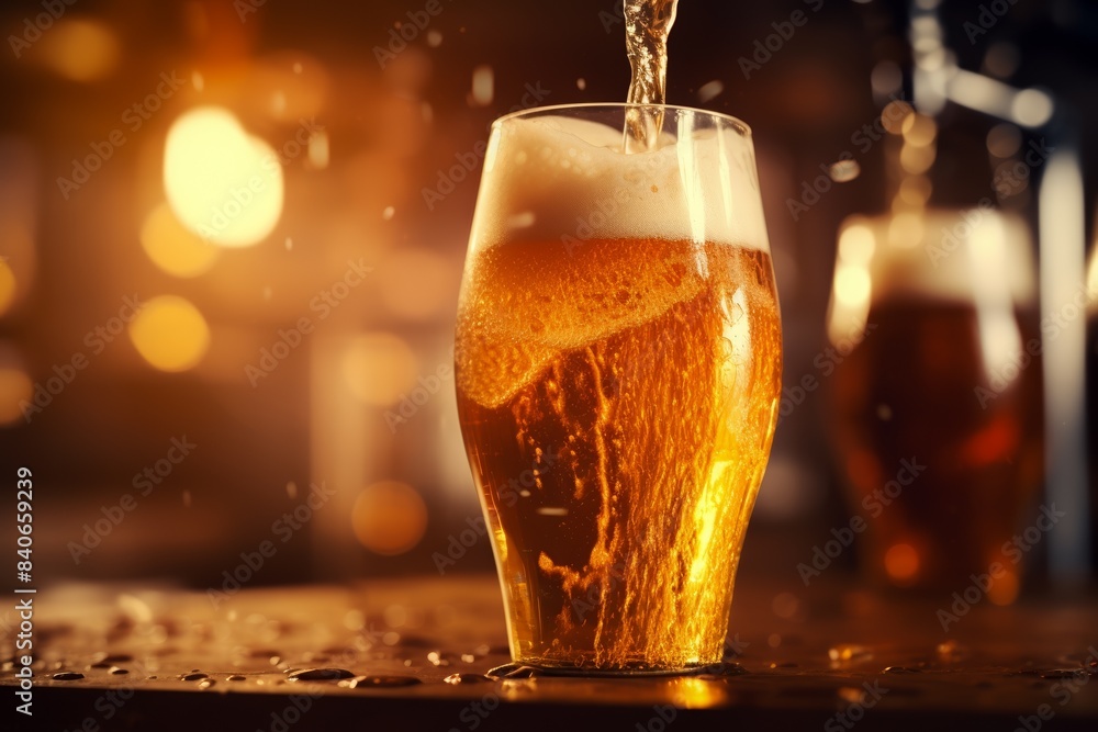 Pouring freshly brewed beer, gentle brewery light, close-up, vibrant ...