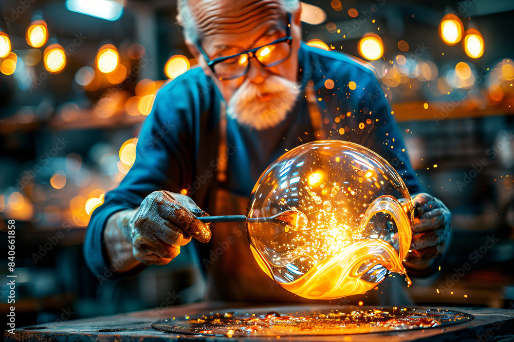 Glassblower crafting glass pieces with molten glass. Artisan working in ...