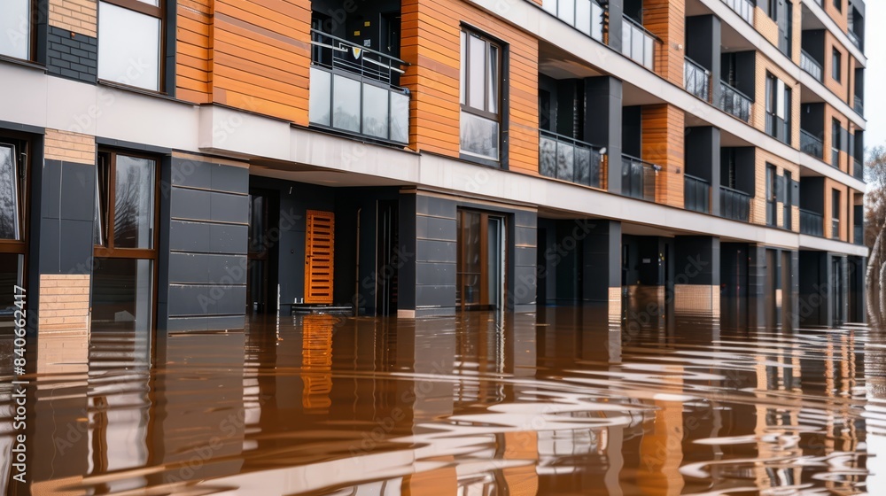 Flooded modern apartment building with brown water covering the ground ...
