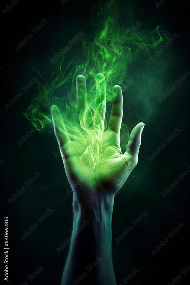 Green Glowing fantasy hand concept. Ethereal magical fantasy wisps of ...