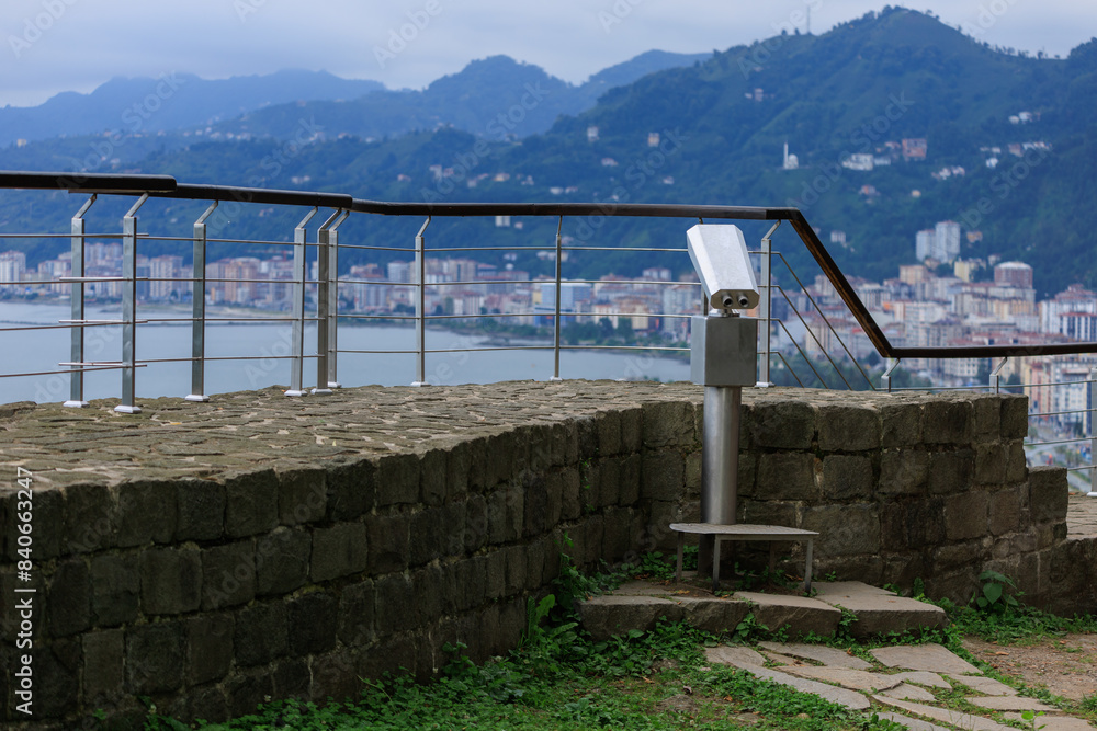 Observation deck and binoculars for viewing the sea and the city of ...