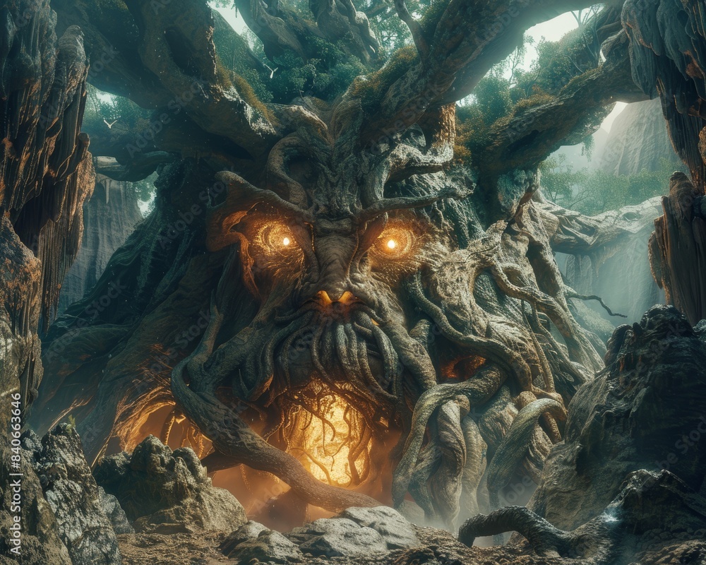 Fantasy forest scene with a giant, ancient tree formed into the shape ...