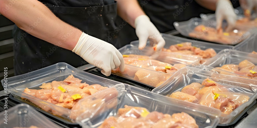Ilustração do Stock: Workers carefully packaging frozen chicken cuts ...
