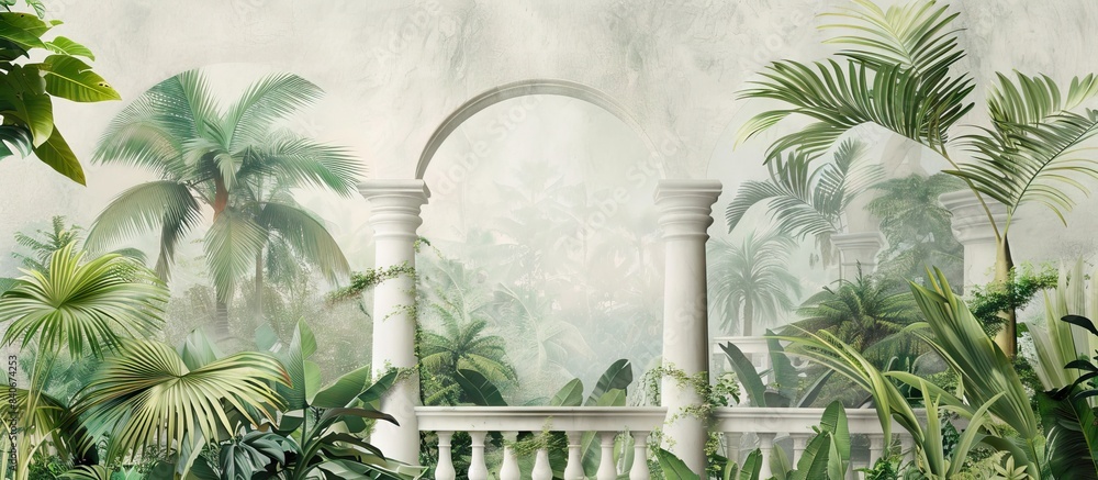 Drawn tropical, exotic plants and leaves among the columns. Floral ...