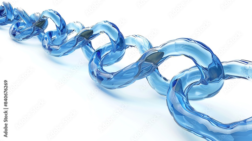 Close-up of a transparent blue chain link on a white background ...