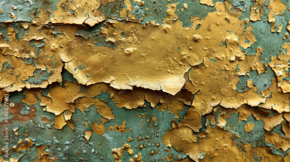 Peeling gold paint reveals a corroded and pitted metal surface giving ...