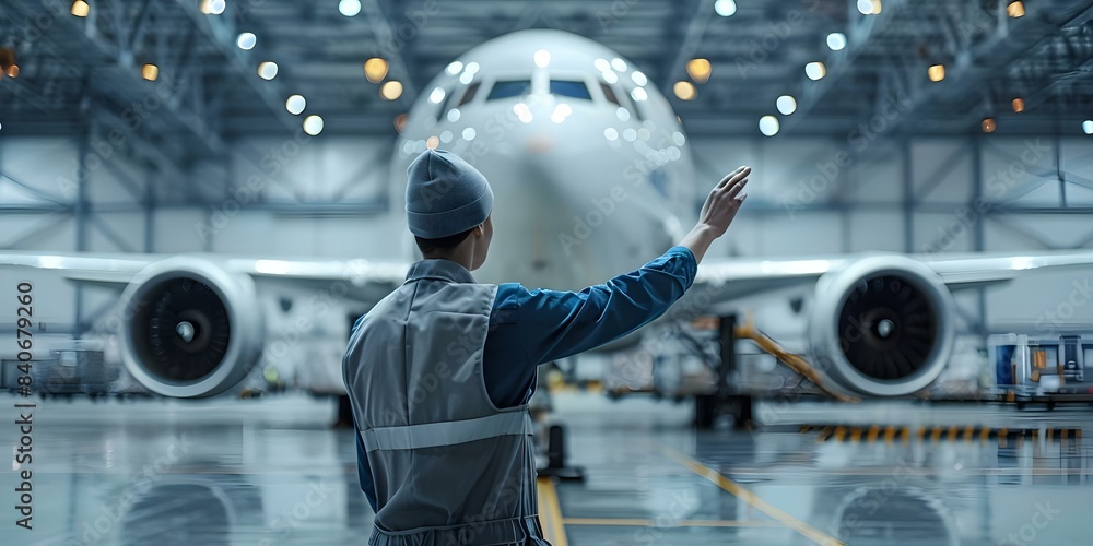 Cargo worker guiding plane to loading bay with hand signals for ...
