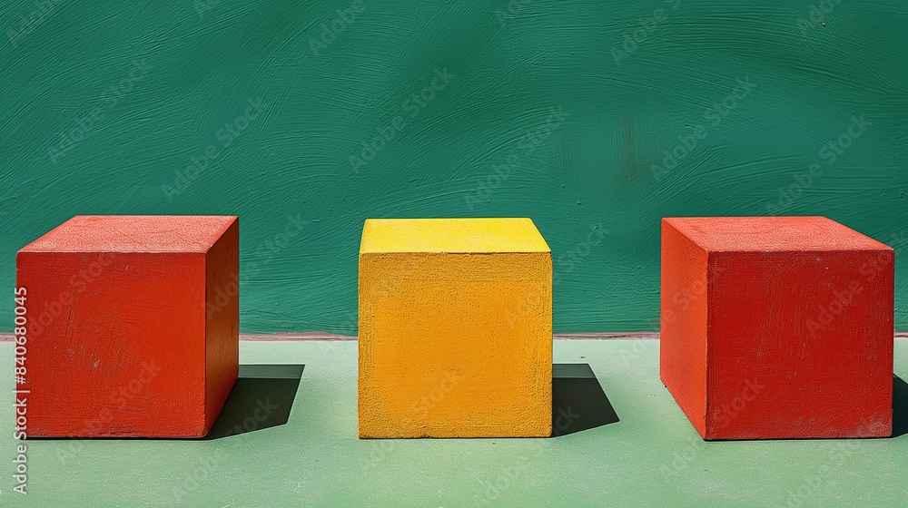 Three cubes are neatly aligned in front of a vibrant green wall. The ...