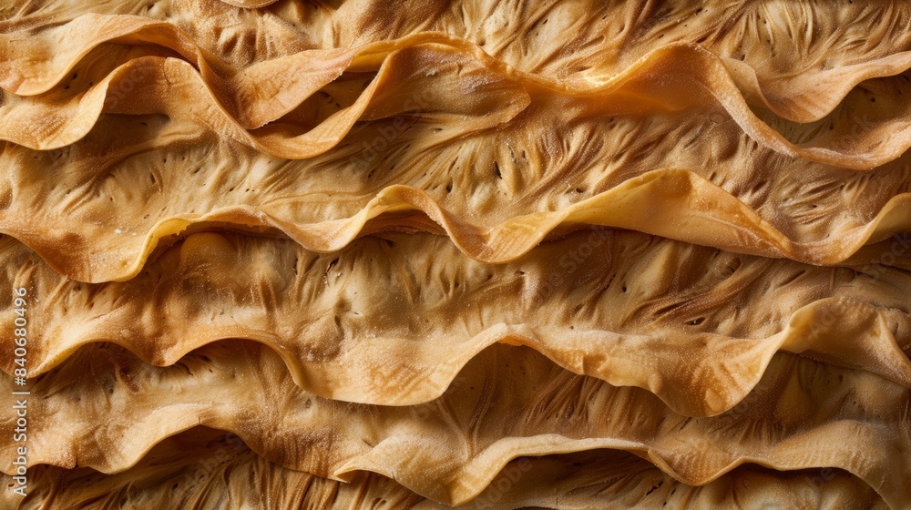 Flaky Folds The crust is folded and layered creating textured ridges ...