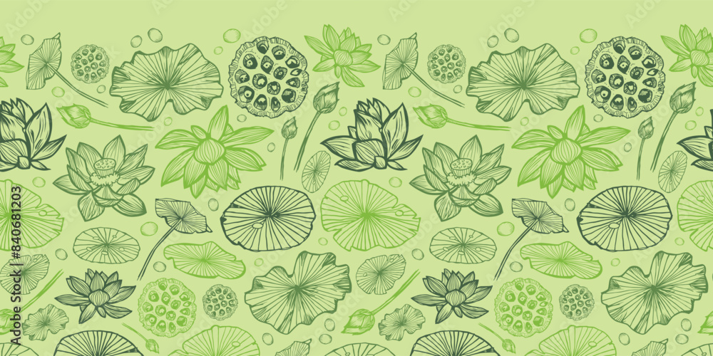 Vector waterlilies or lotuses green monochrome seamless background and ...