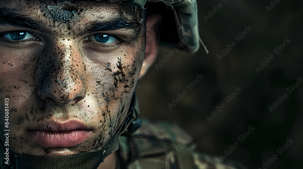Confusing what is real. Close up portrait of young male soldier. Man in ...