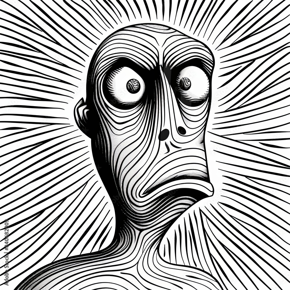 Male face with wide open eyes in black and white colors. Cartoon ...