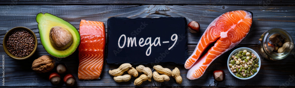 Omega-9 rich foods. Assorted healthy foods containing Omega-9 on a ...