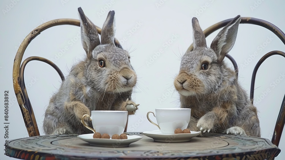 Two stuffed animals sitting around a table with cups of tea or coffee ...