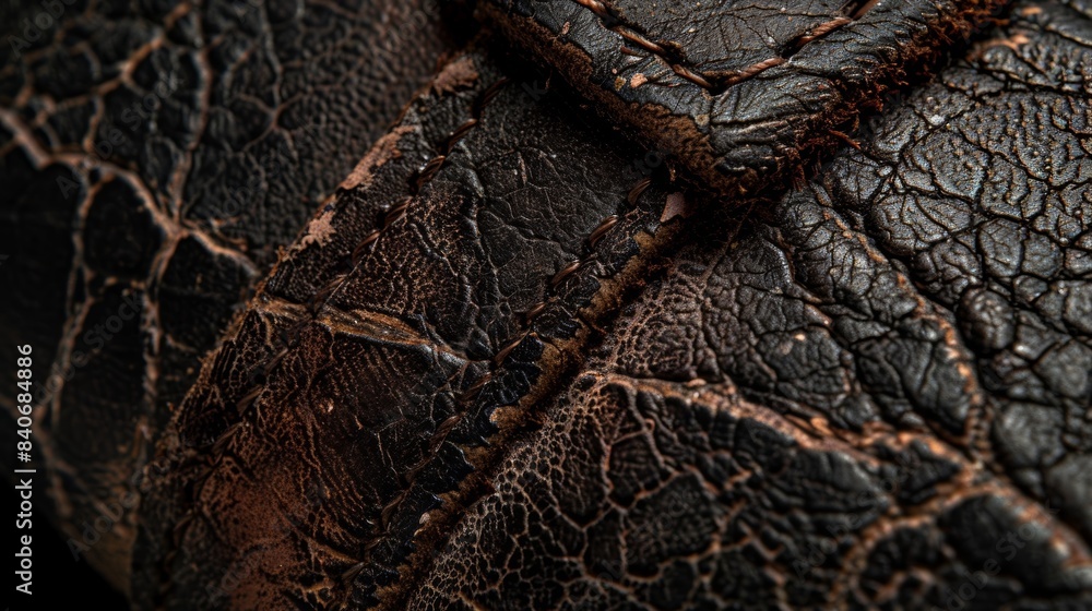 Dark rugged leather grip with deep grooves and cracks revealing a ...