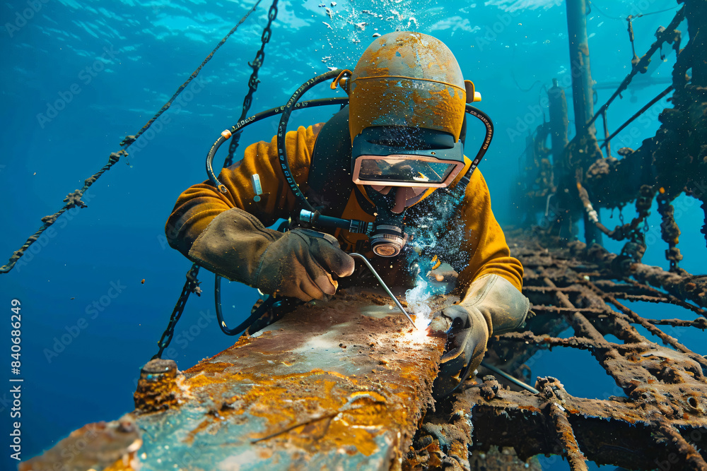 Underwater welder performing welding operations on metal structures ...