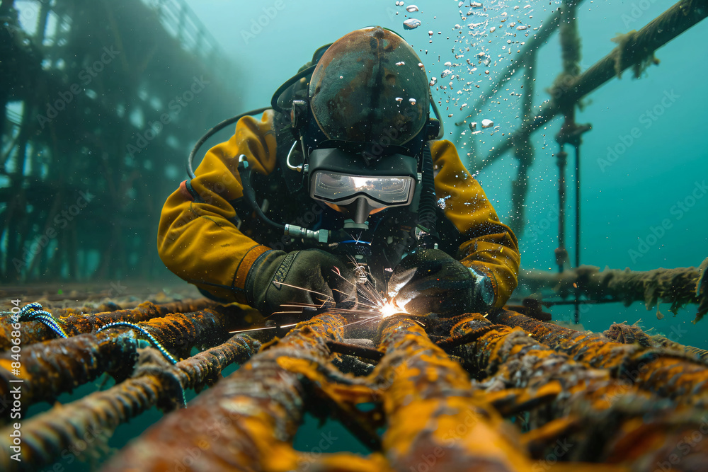 Commercial diver welding underwater on marine structures. Professional ...