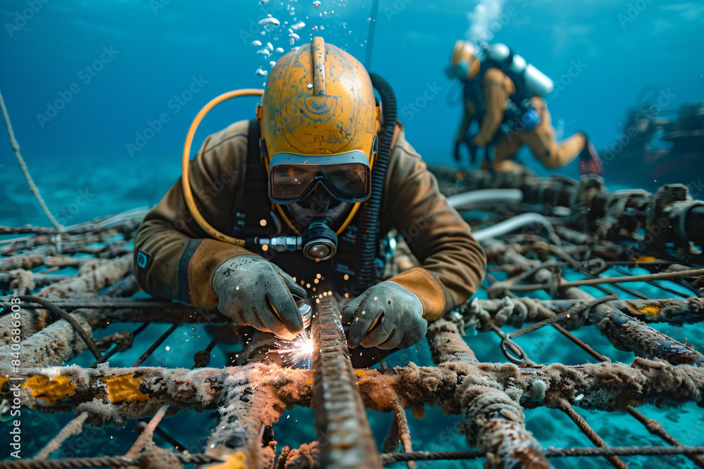 Professional underwater welder at work on marine structures. Underwater ...