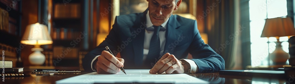 Man in suit writing on document, detailed, photorealistic, natural ...