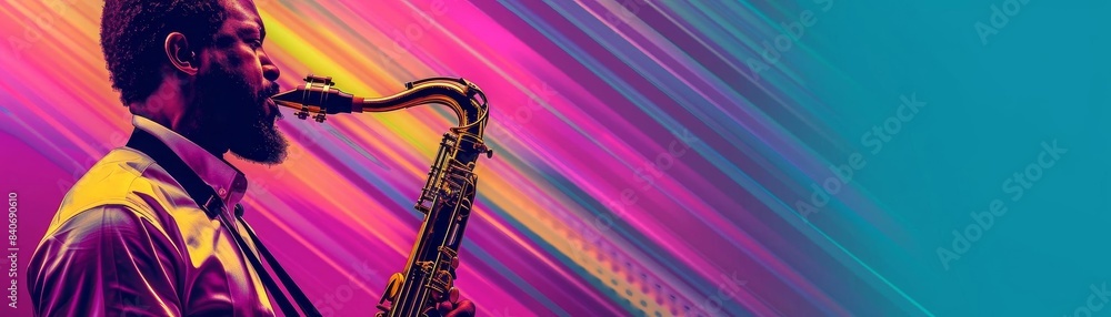 Jazz saxophone player under spotlight flat design side view animation ...