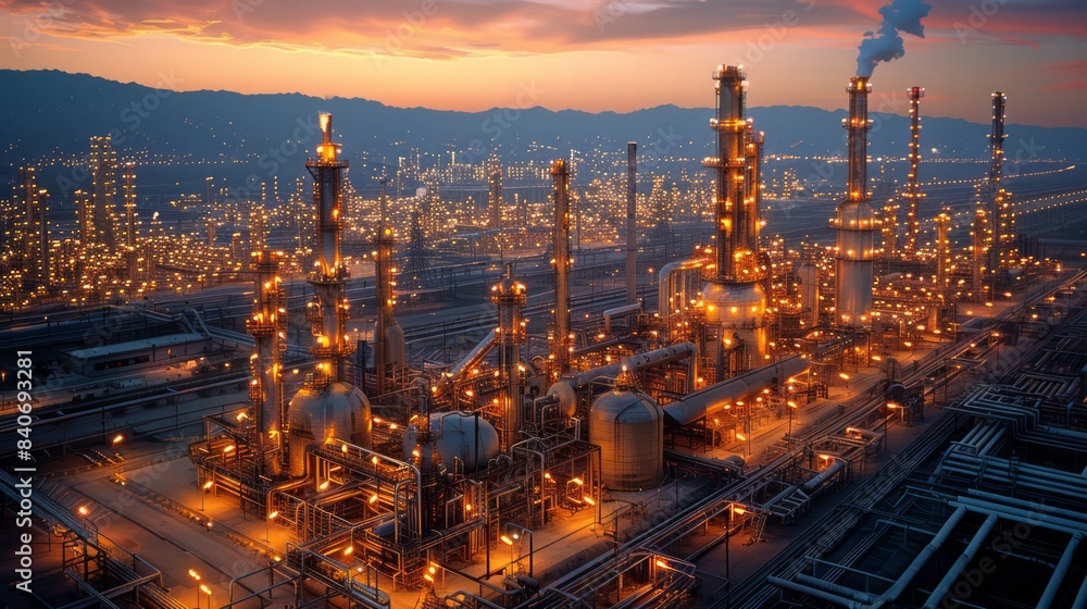 Oil refinery with towering structures and complex pipelines, showcasing ...