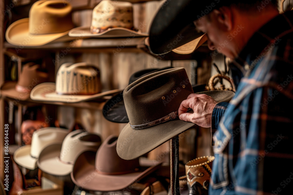 Cowboy adjusting a hat in a shop Stock Illustration | Adobe Stock