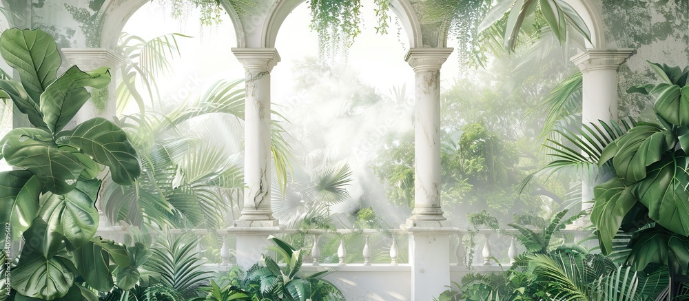 Drawn tropical, exotic plants and leaves among the columns. Floral ...