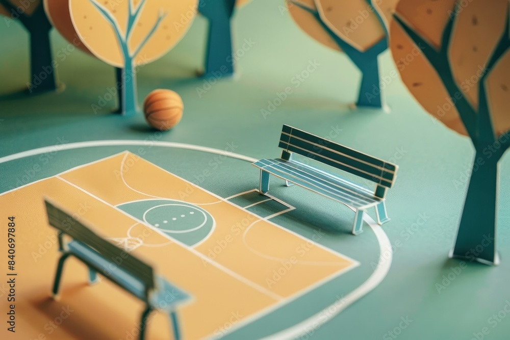 Basketball court scene with bench and trees in background for outdoor ...