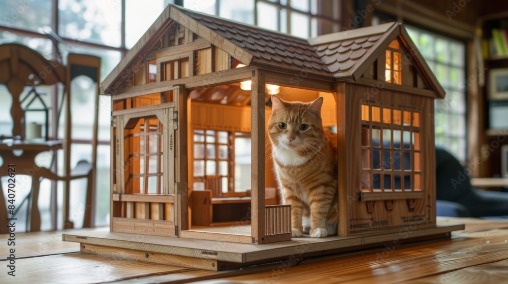 An indoor cat house designed to look like a miniature human house ...