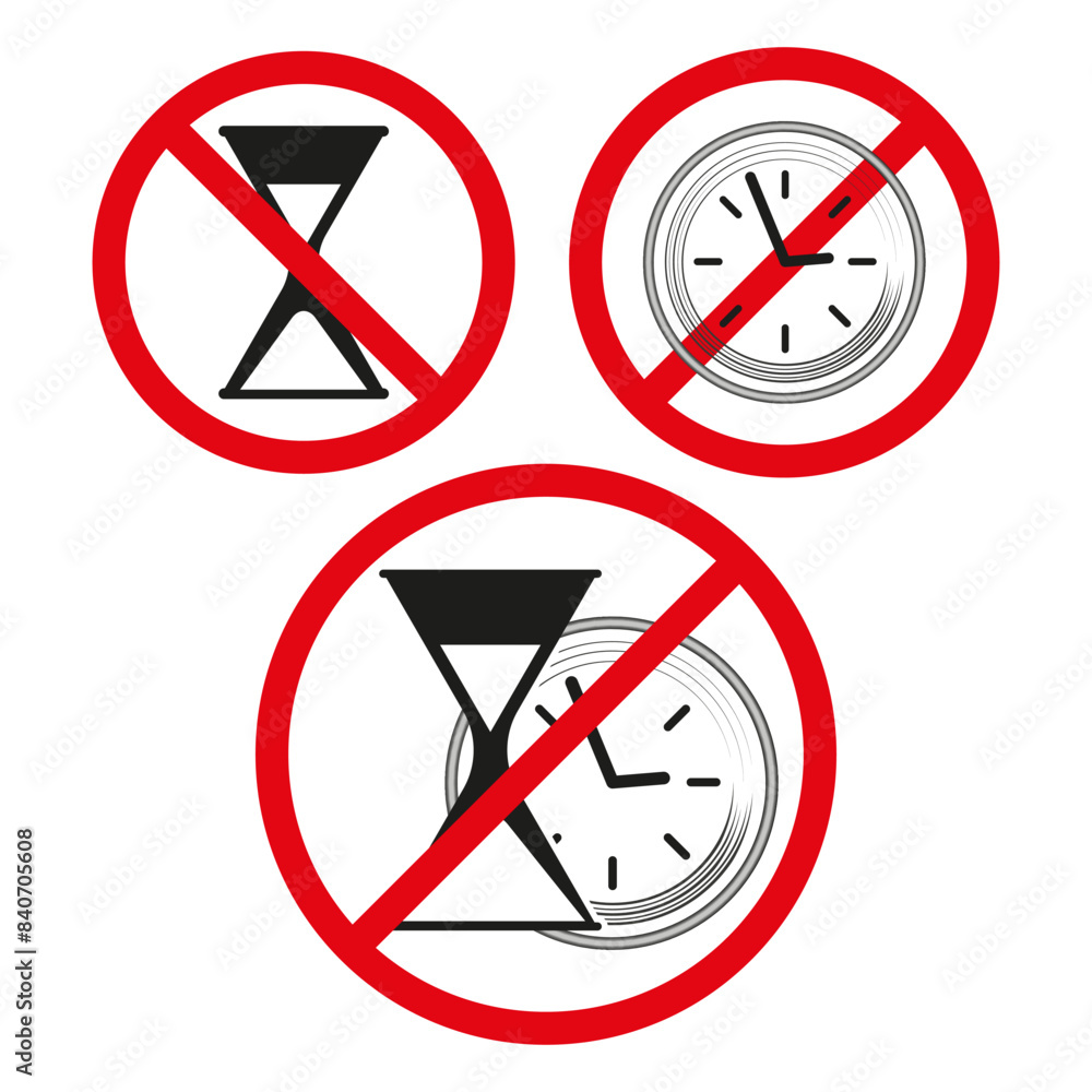 No time icons. Hourglass and clock. Red prohibition circles. Vector ...